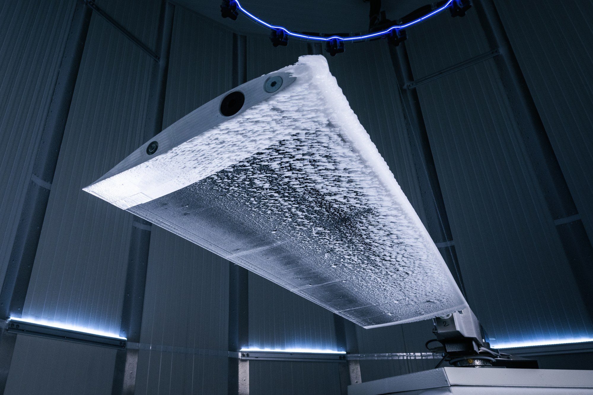 Iced rotor blade in the DLR rotor icing test facility