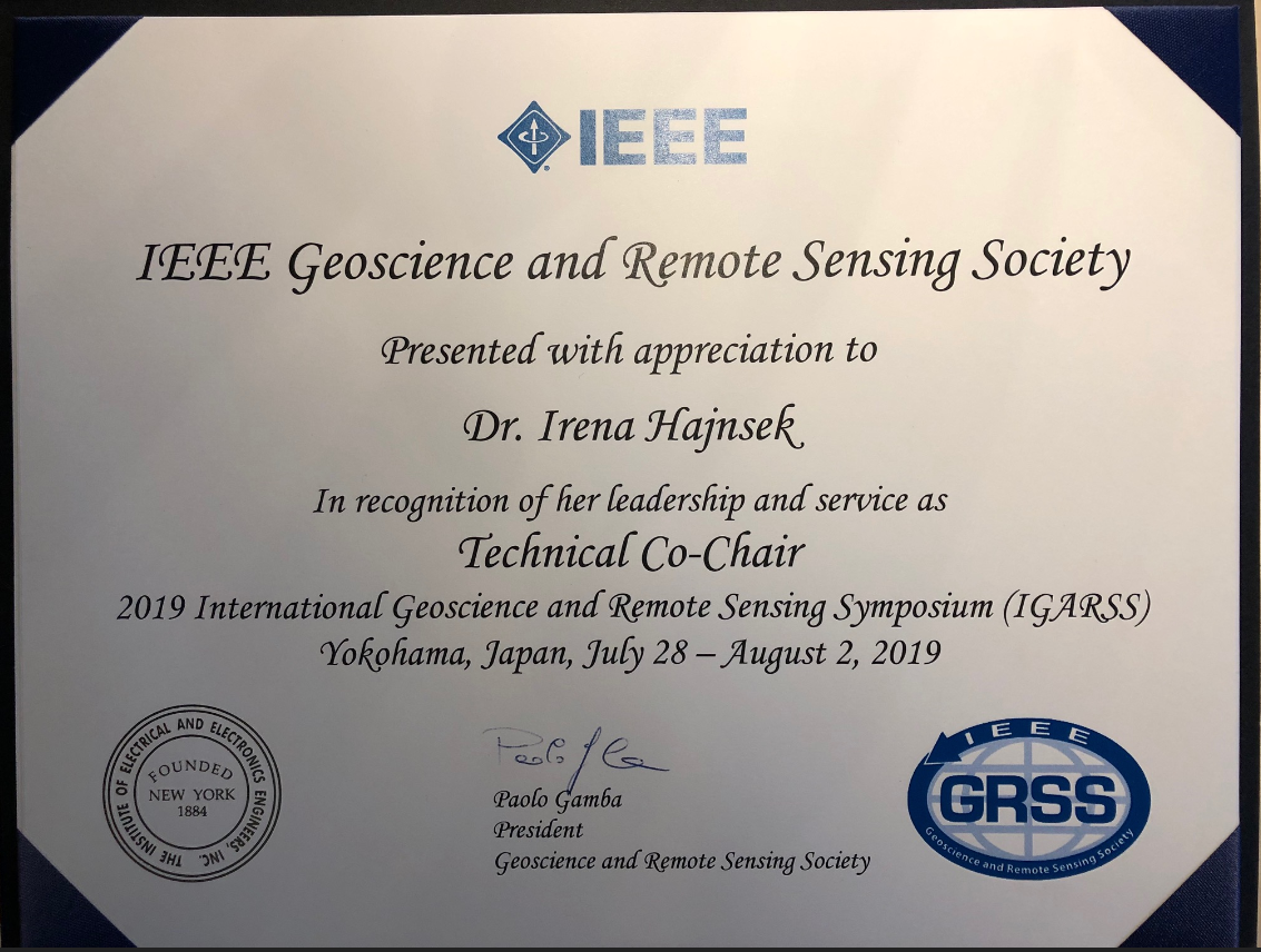 IEEE GRSS Certificate of Appreciation for IGARSS 2019