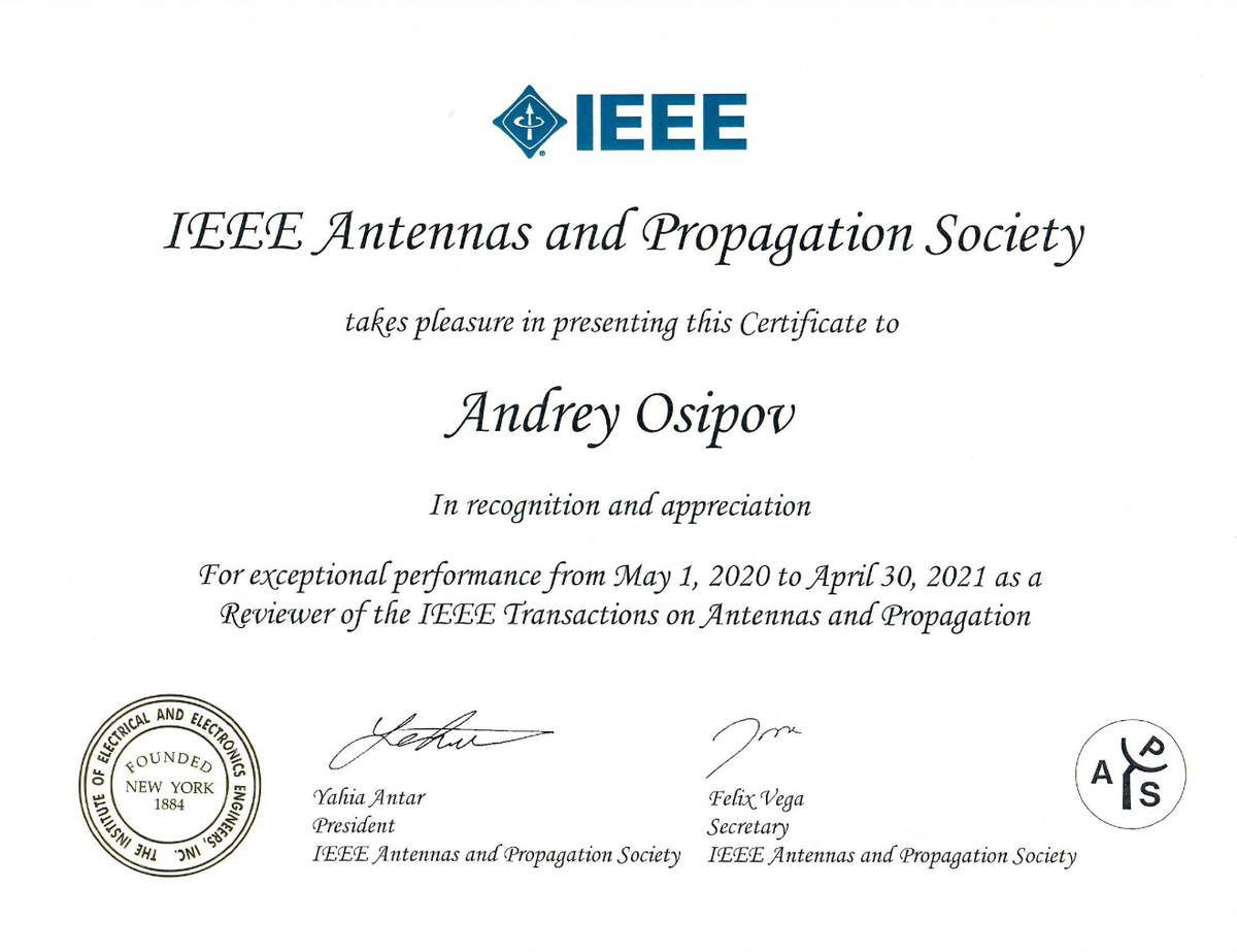Certificate of Recognition and Appreciation - Andrey Osipov