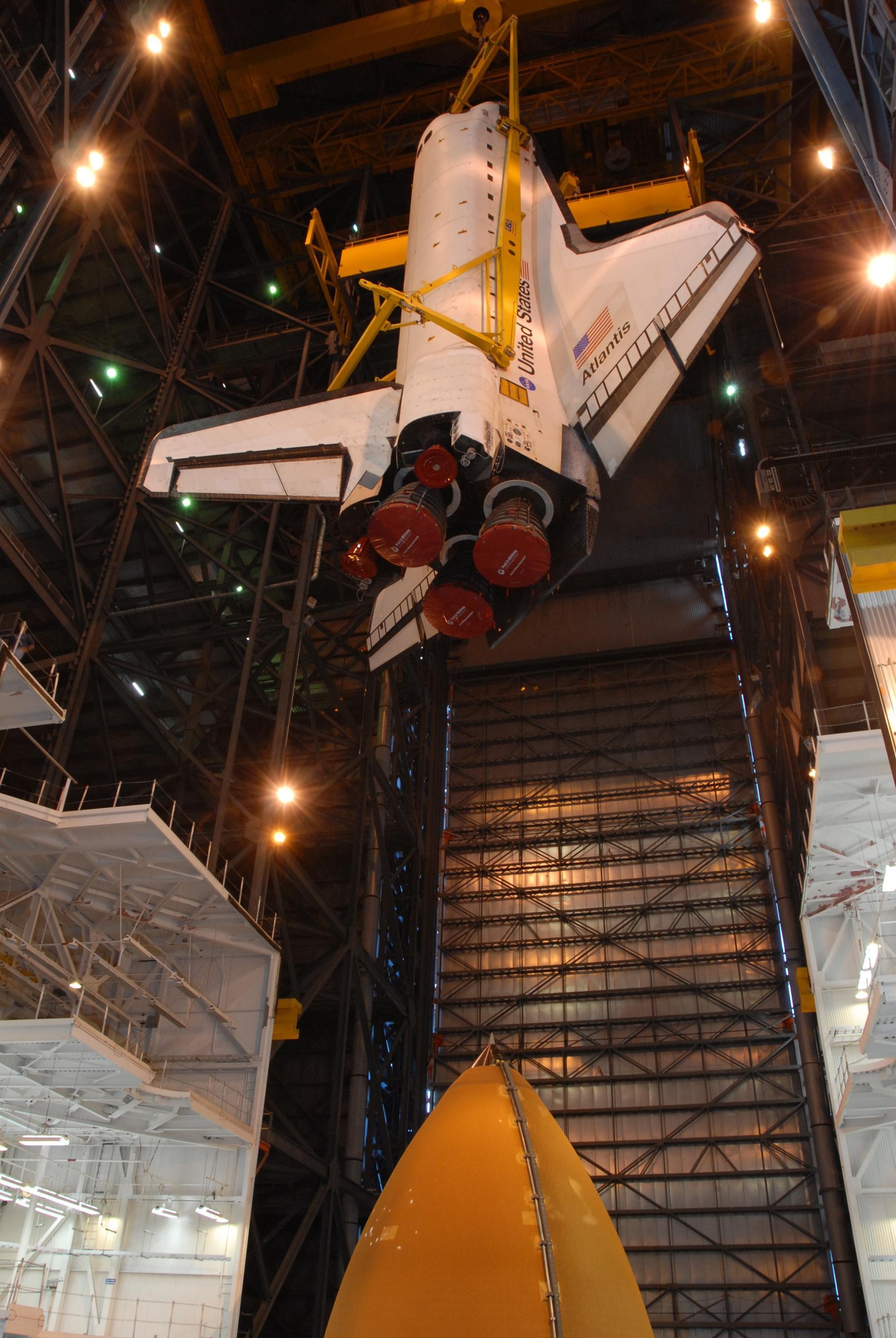 Space shuttle Atlantis in the transfer aisle of the Vehicle Assembly ...