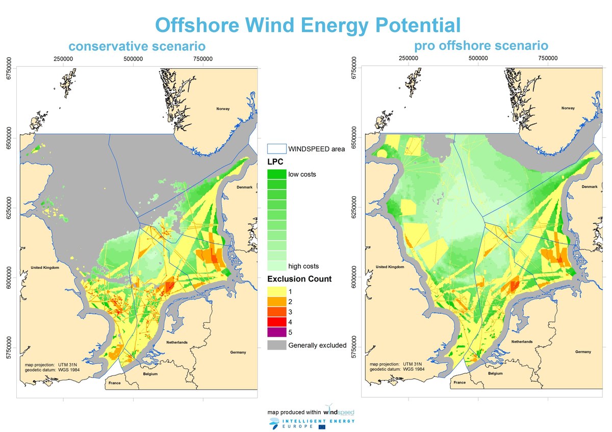 This map shows the potential of offshore wind energy in the North Sea