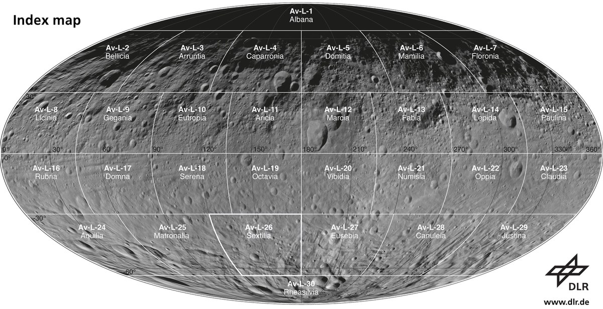 Overall view of Vesta showing the different map regions (Source: NASA ...