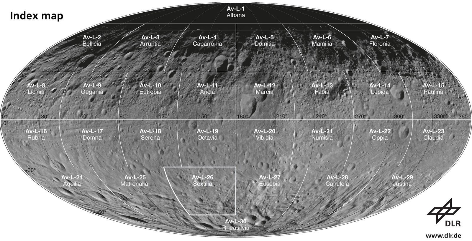 Overall view of Vesta showing the different map regions (Source: NASA ...