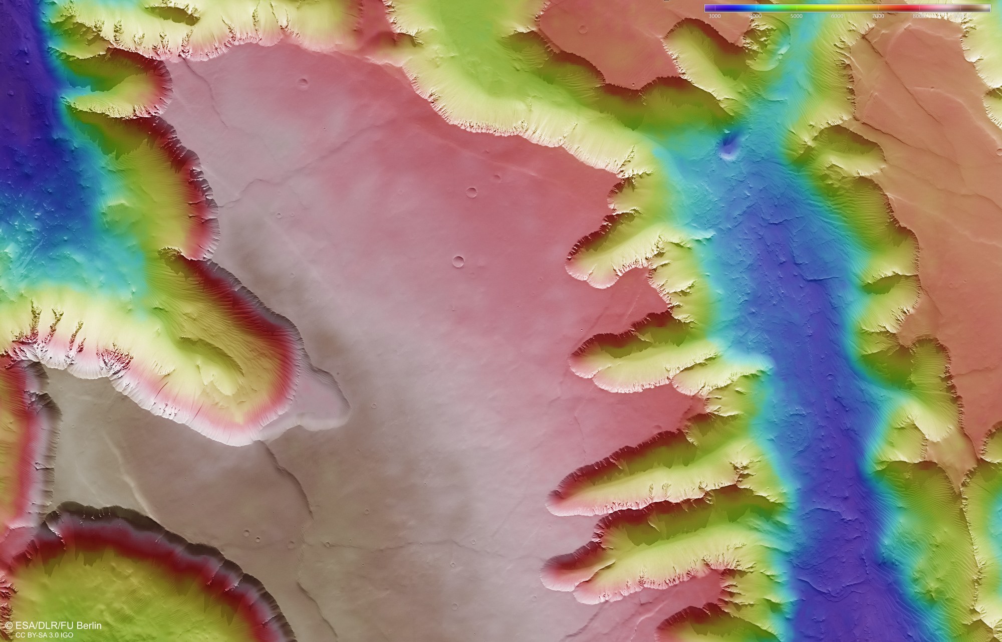 Colour-coded topographic map showing the northeast of Noctis Labyrinthus