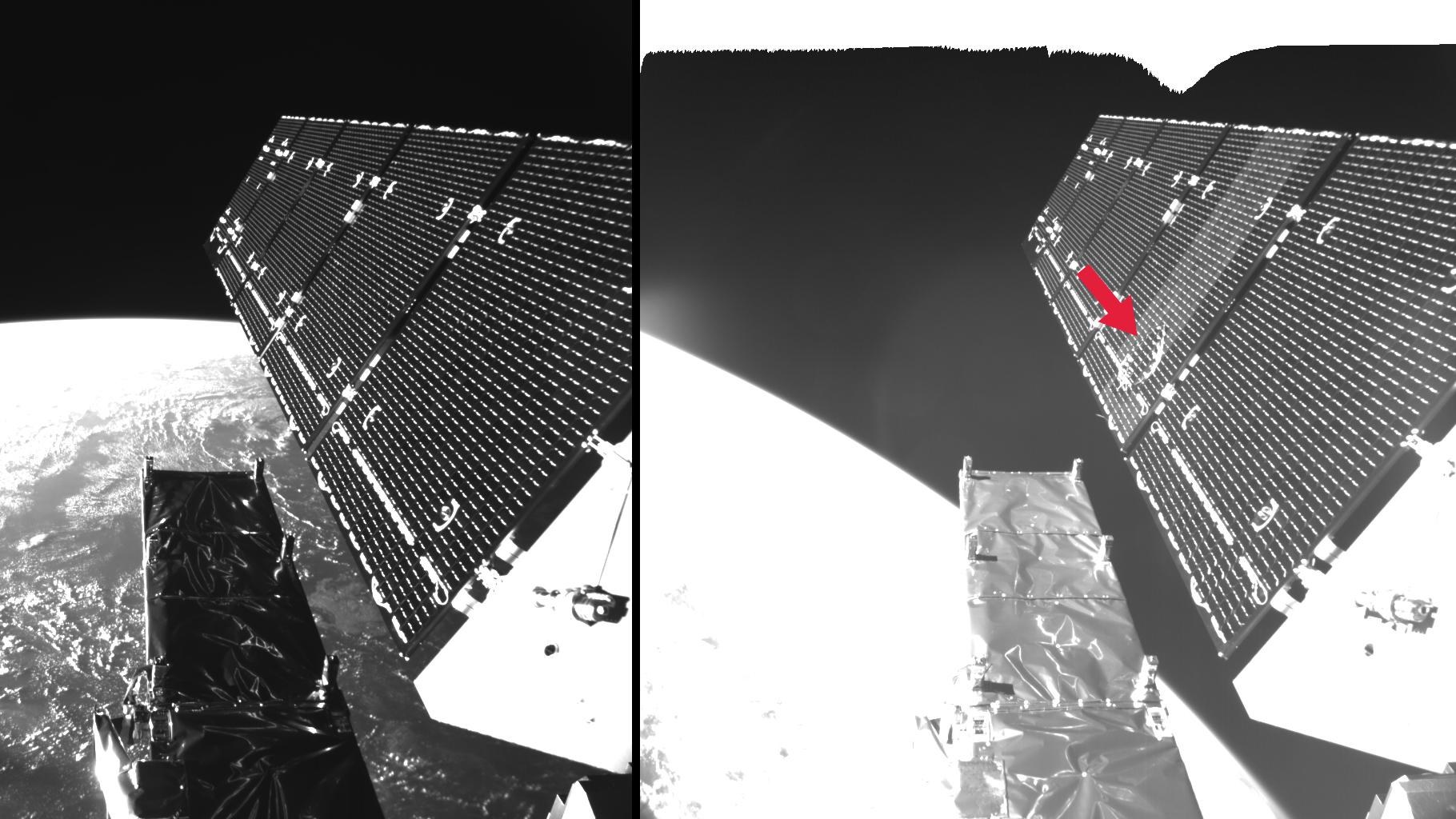 Impact of a space debris particle on the solar panel of the Sentinel 1 ...