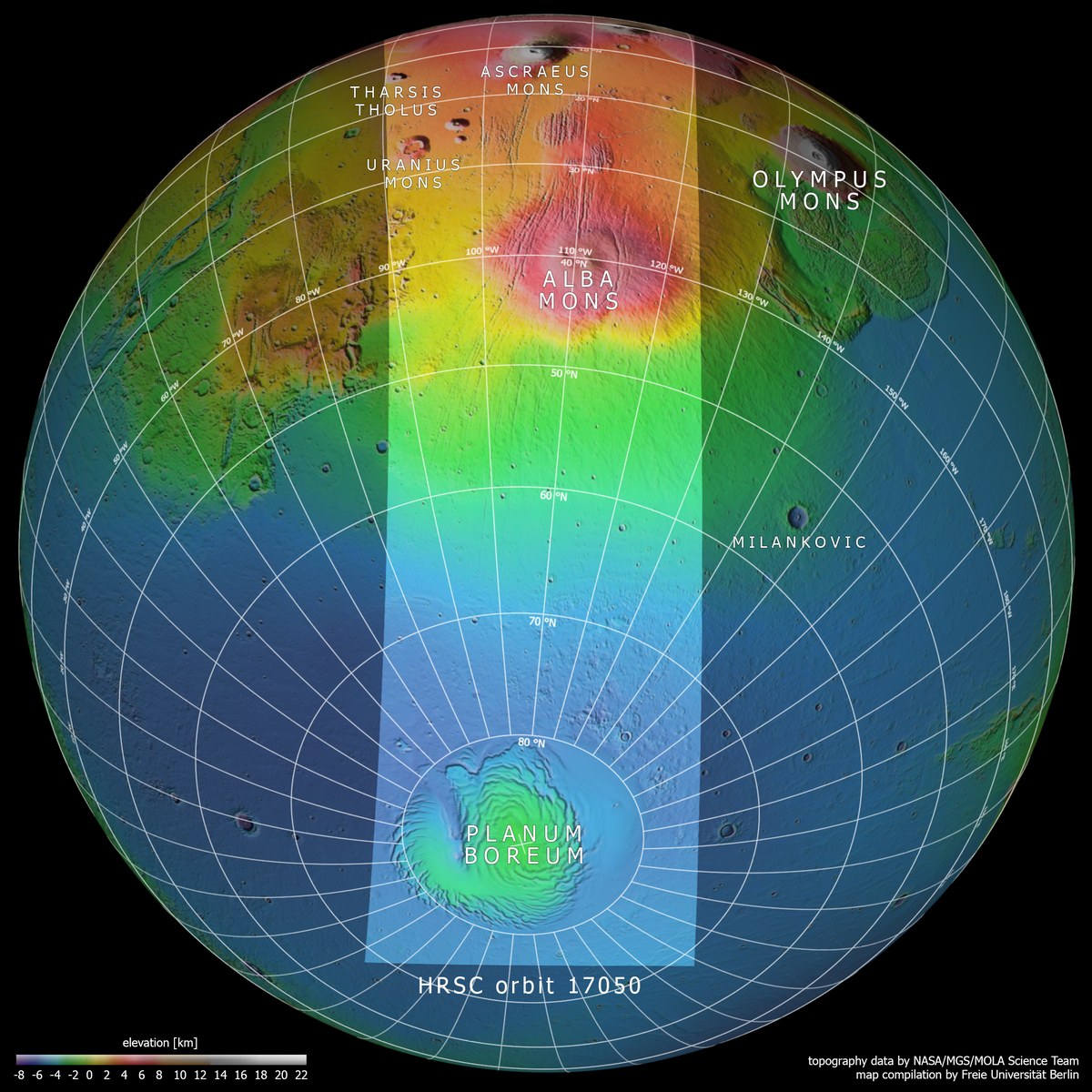 Elongation of HRSC image swath 17,050 plotted on a global view of Mars ...