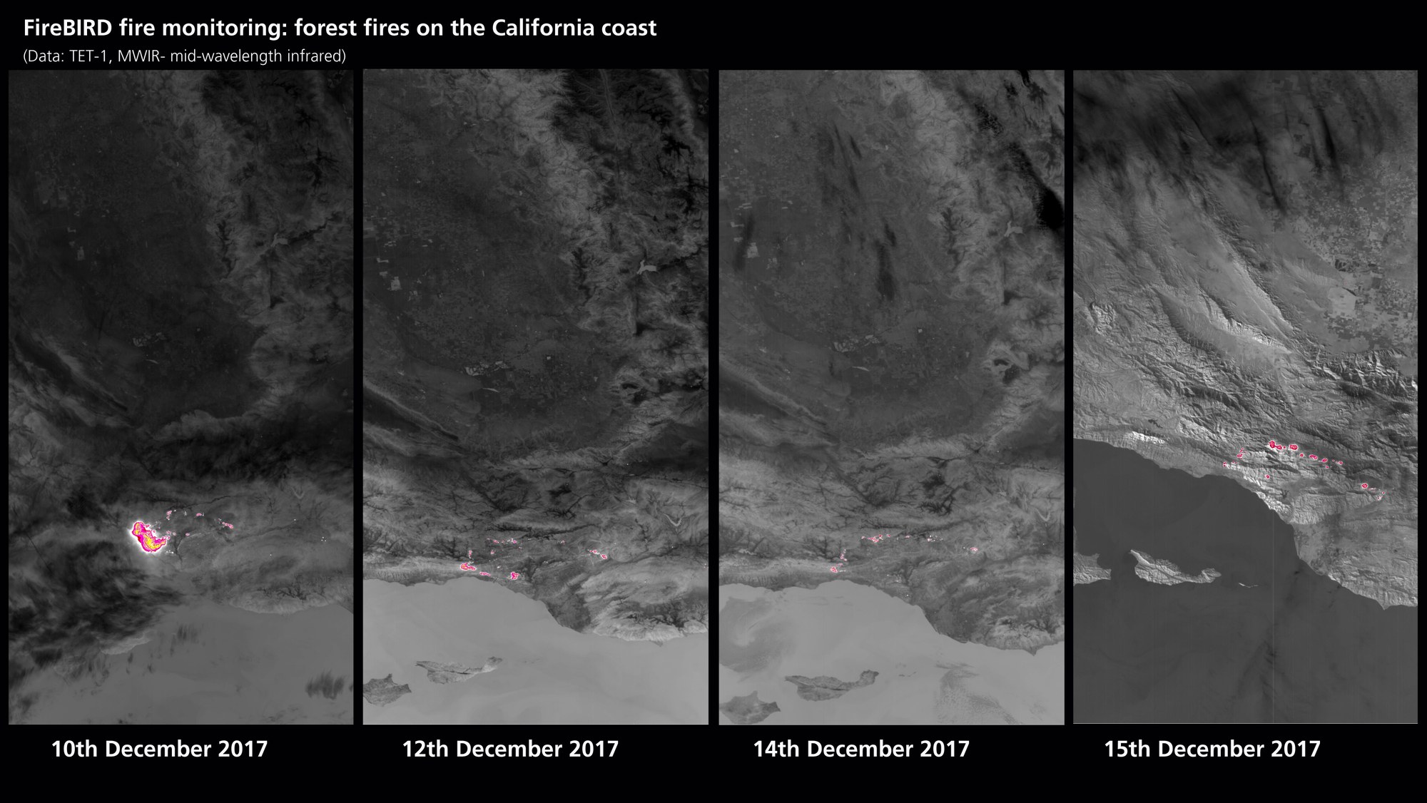Forest fires in California: infrared images of the US Pacific coast