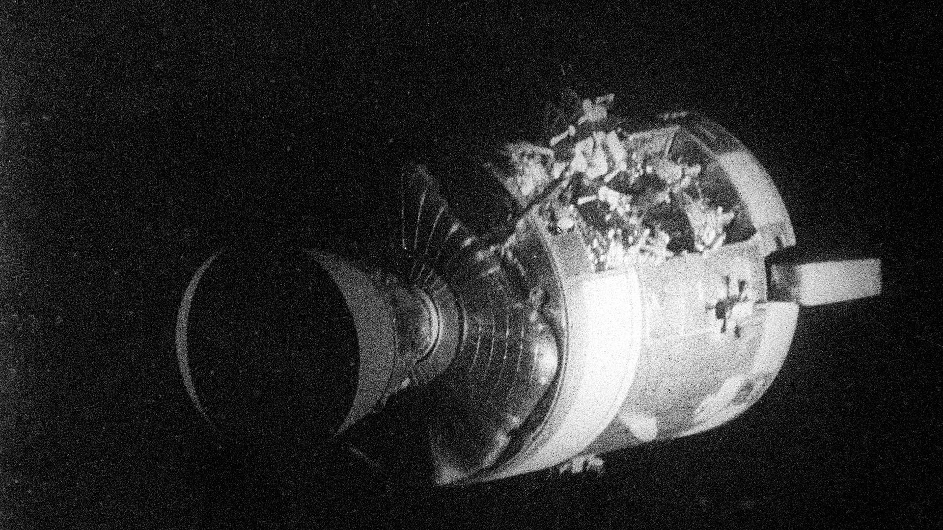 The damaged service module after separation from Odyssey