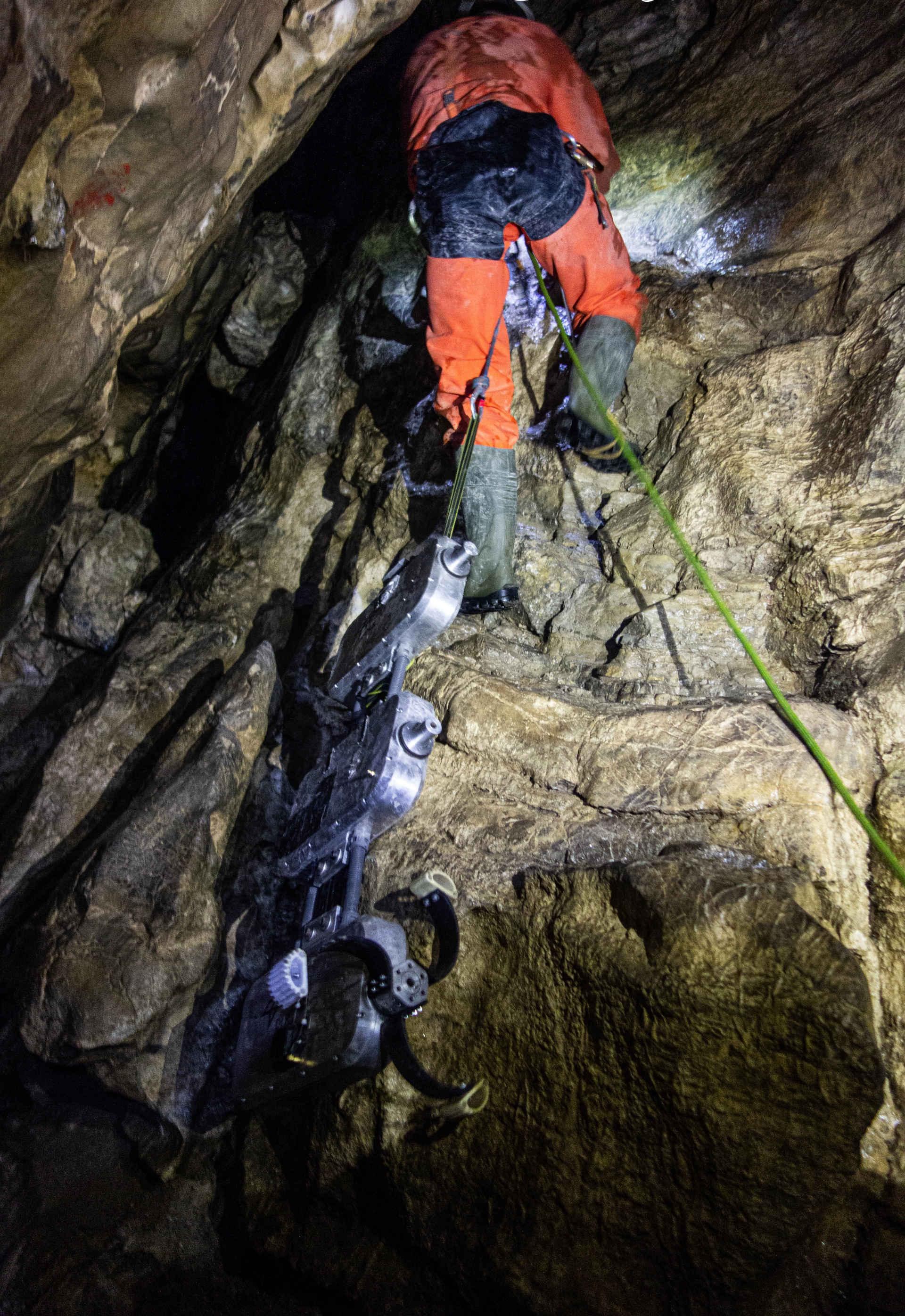 Scout is transported over cave steps