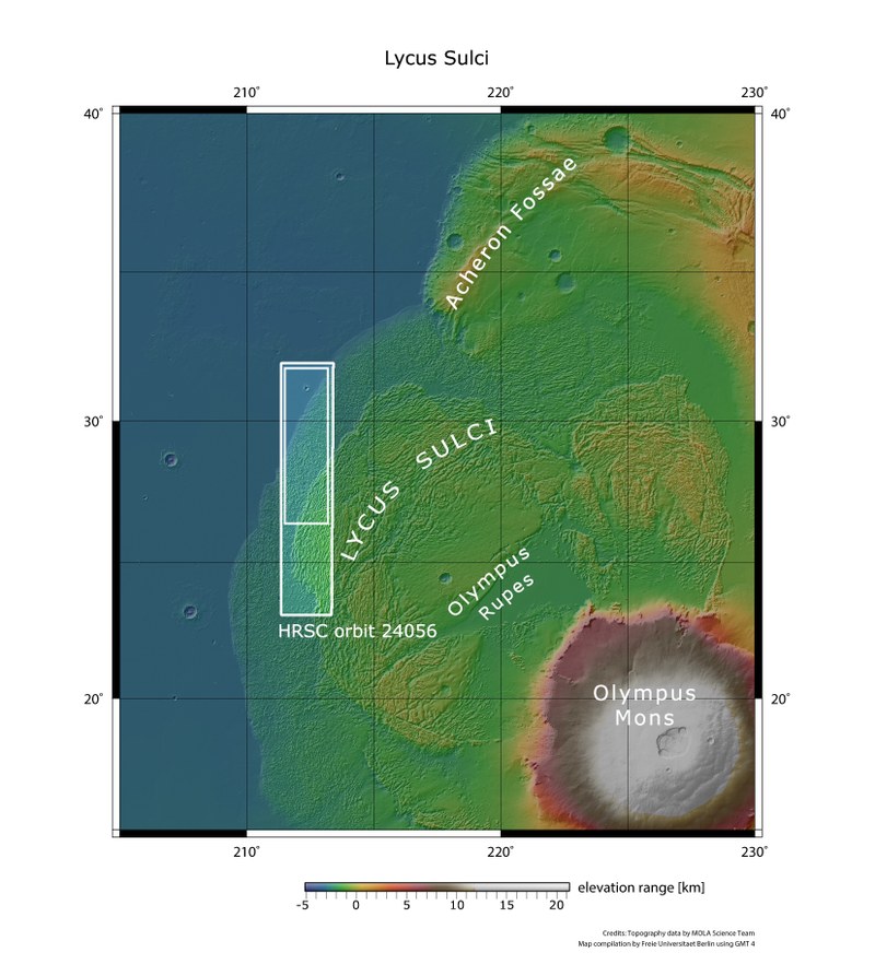 Topographic overview map of the Olympus Mons volcano and the northwest ...
