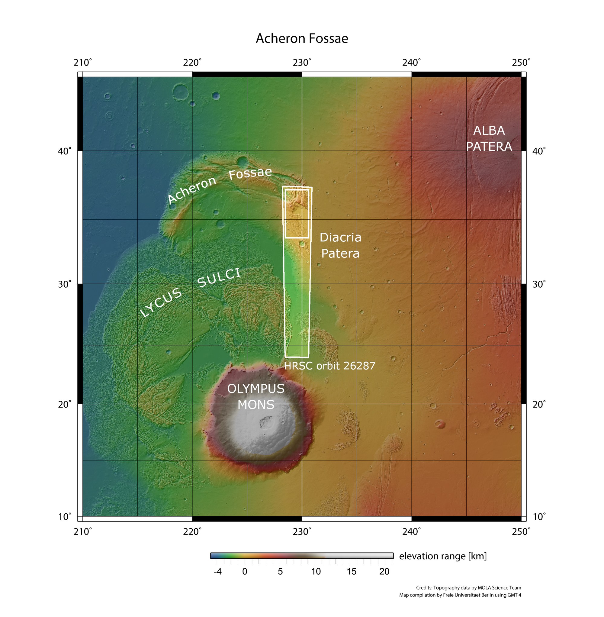 Overview map of the Acheron Fossae north of Olympus Mons