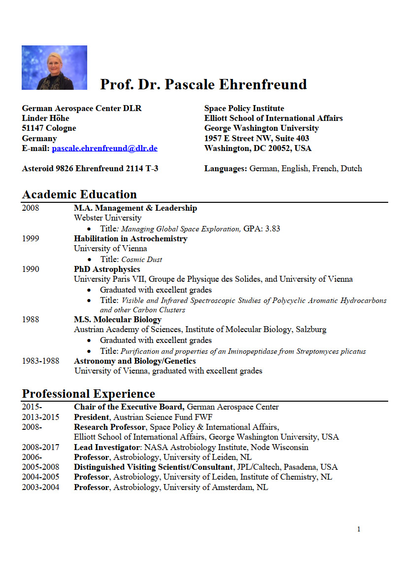 Curriculum Vitae Prof. Dr. Pascale Ehrenfreund